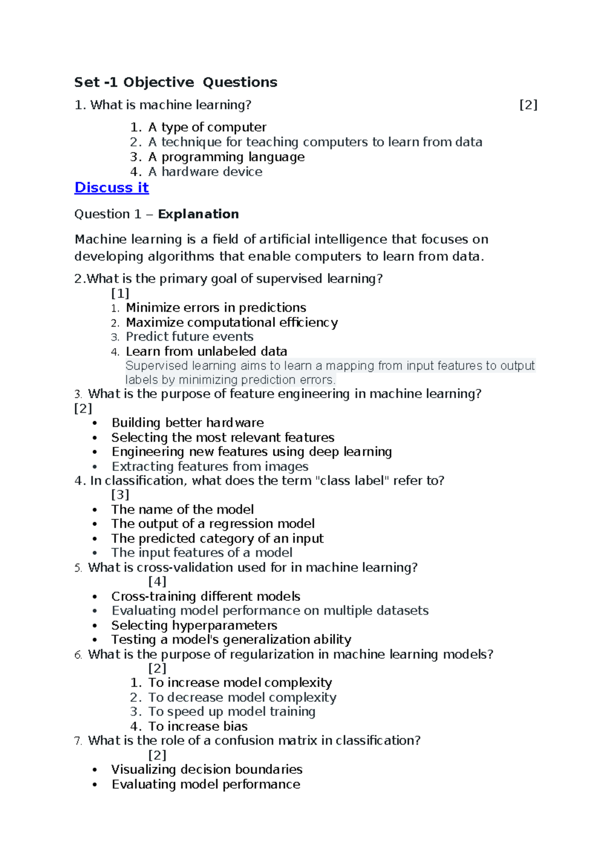 Mcq on ML I mid exams - multiple choice questions - Set -1 Objective ...