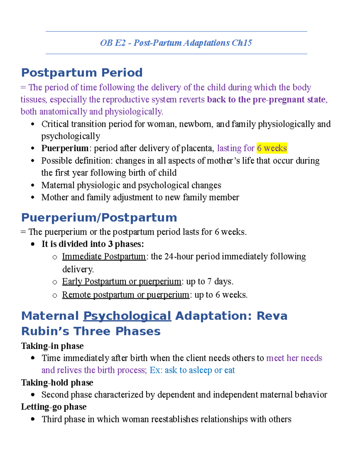 OB E2 - Post Partum Adaptations - OB E2 - Post-Partum Adaptations Ch ...