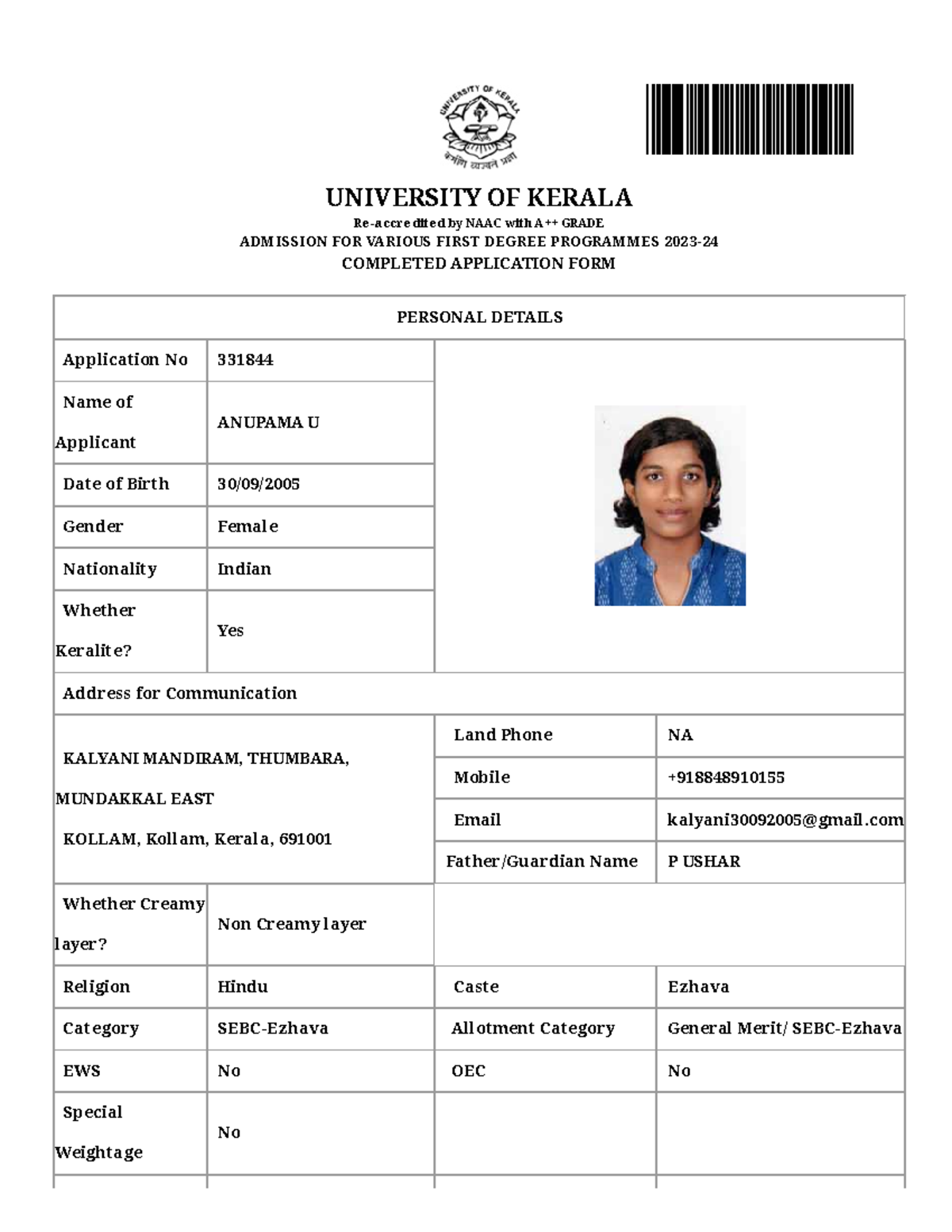 Kerala University Admissions - UNIVERSITY OF KERALA ADMISSION FOR VARIOUS FIRST DEGREE ...