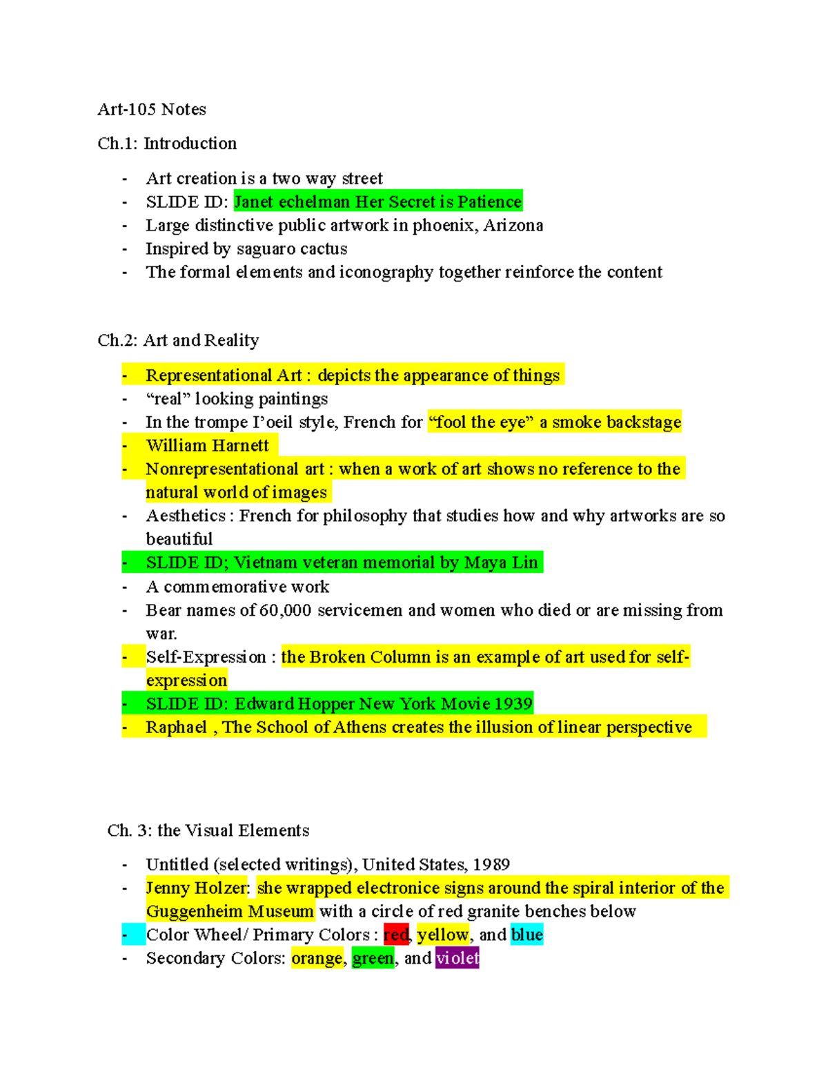 Art - Professor Marie-Veloz , ART-105 lecture notes - Art-105 Notes Ch ...