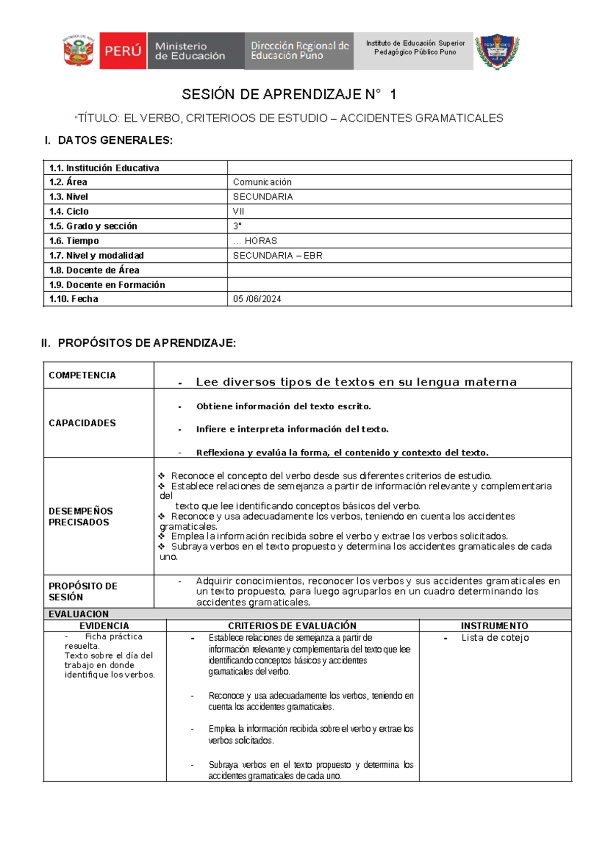 Sesión DE Aprendizaje Modelo-PRAC-2024 - SESIÓN DE APRENDIZAJE N° 1 “TÍTULO: EL VERBO ...