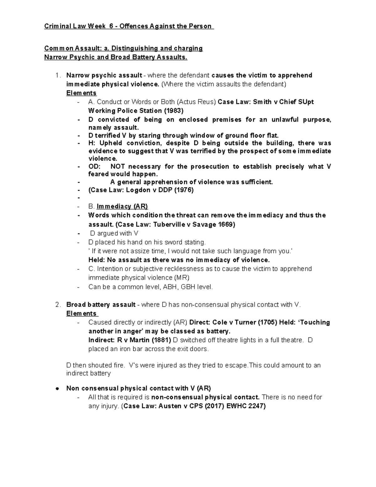 WK 6 OAPA Common Assualts - Common Assault: a. Distinguishing and ...