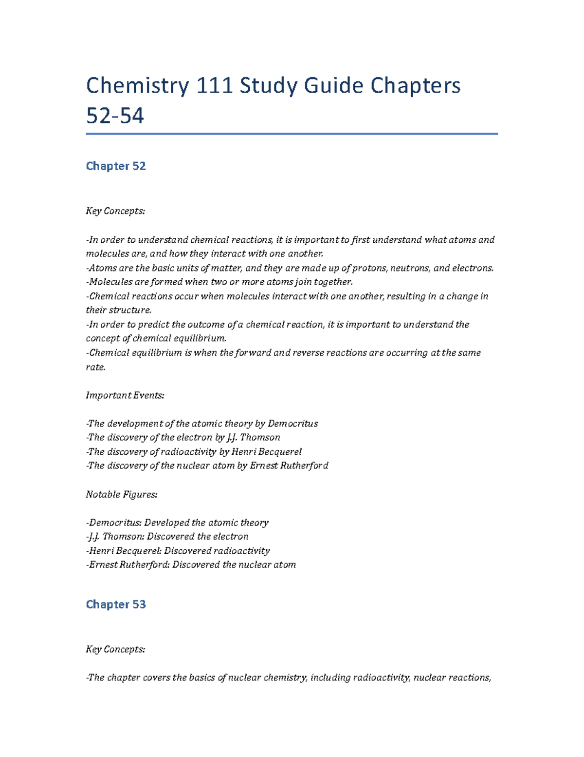 Chemistry 111 Study Guide Chapters 52-54 - Chemistry 111 Study Guide Chapters 52- Chapter 52 Key ...