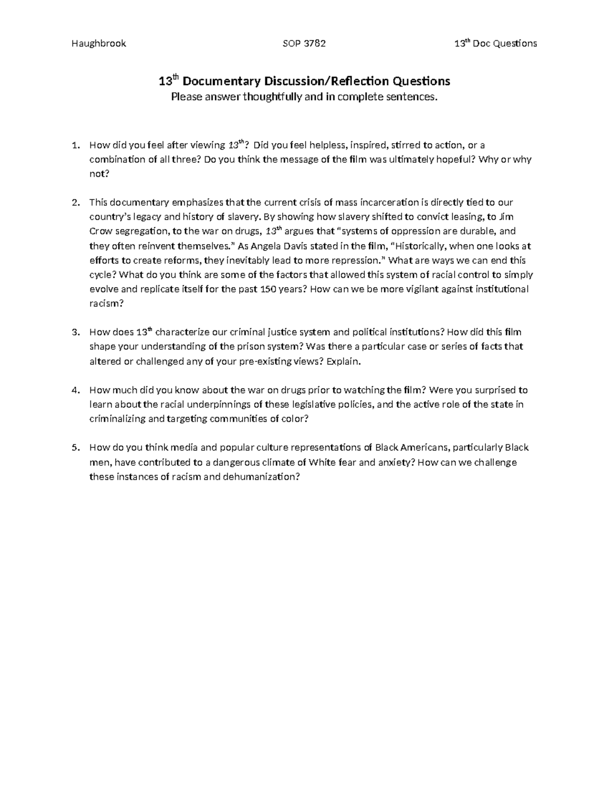 13th discussion questions updated - Haughbrook SOP 3782 13 th Doc ...