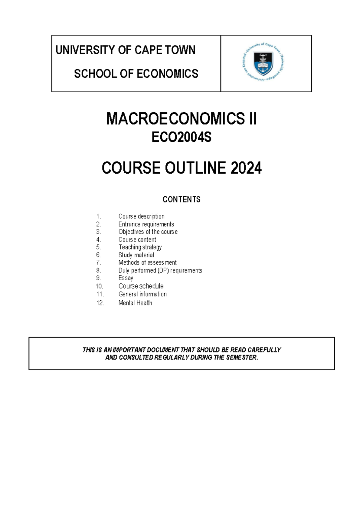 Course Outline ECO2004 S - UNIVERSITY OF CAPE TOWN SCHOOL OF ECONOMICS ...