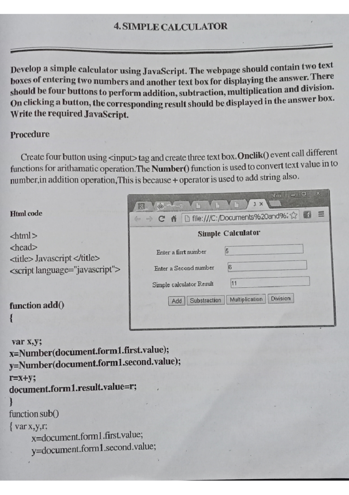 Java Script Program Simple Calculator Bachelors Of Computer