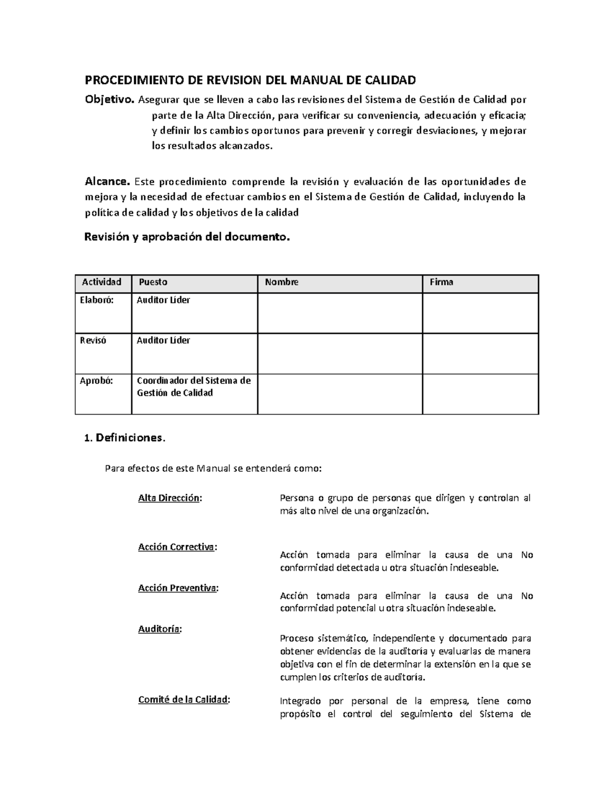 Procedimiento de revision del manual de calidad - PROCEDIMIENTO DE ...