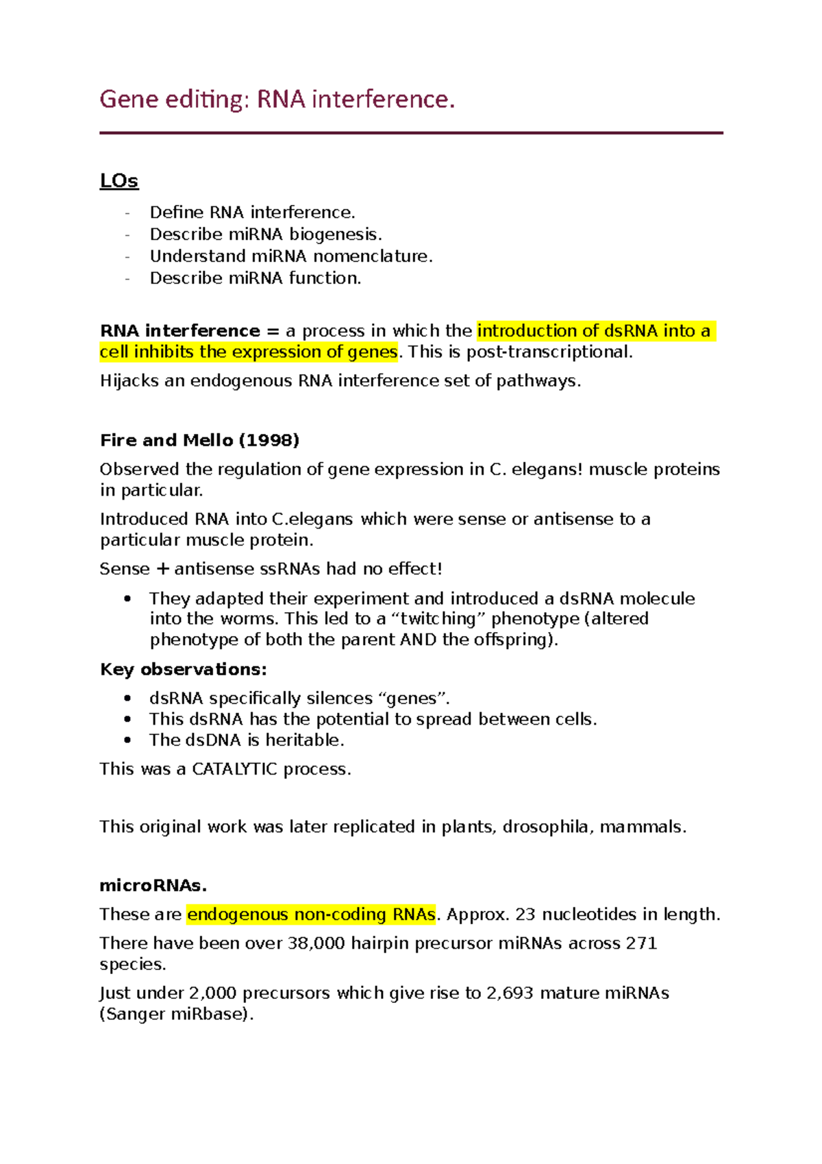 Gene editing - Lecture notes 16 - Gene editing: RNA interference. LOs ...