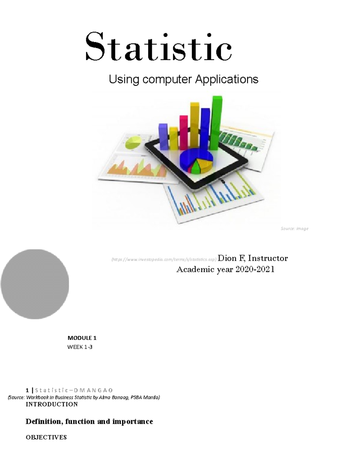 Module 1 (week 1-3) Accounting Subjects - Statistic Using computer ...