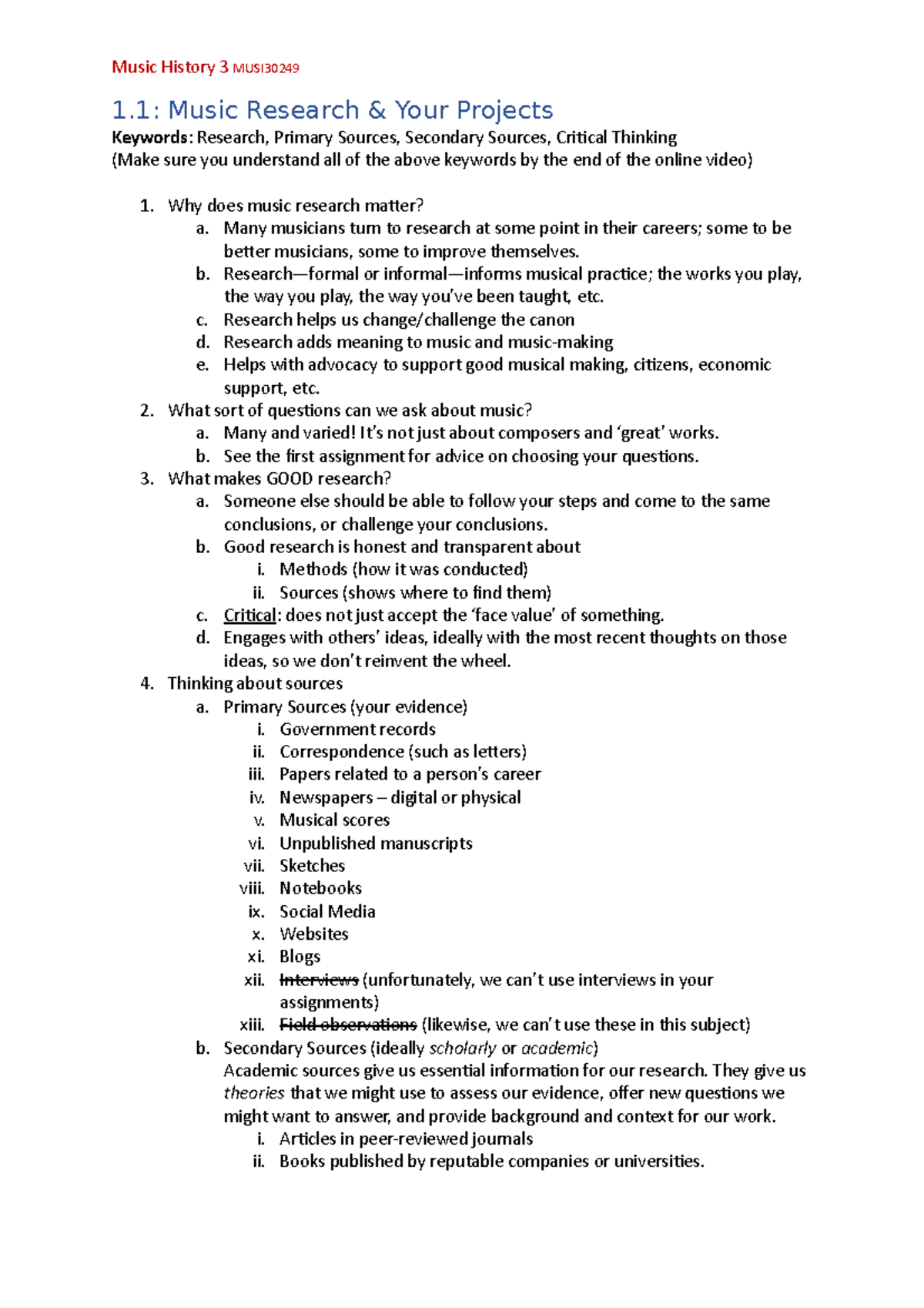 1.1 Music Research and Your Projects - Music History 3 MUSI 1: Music ...