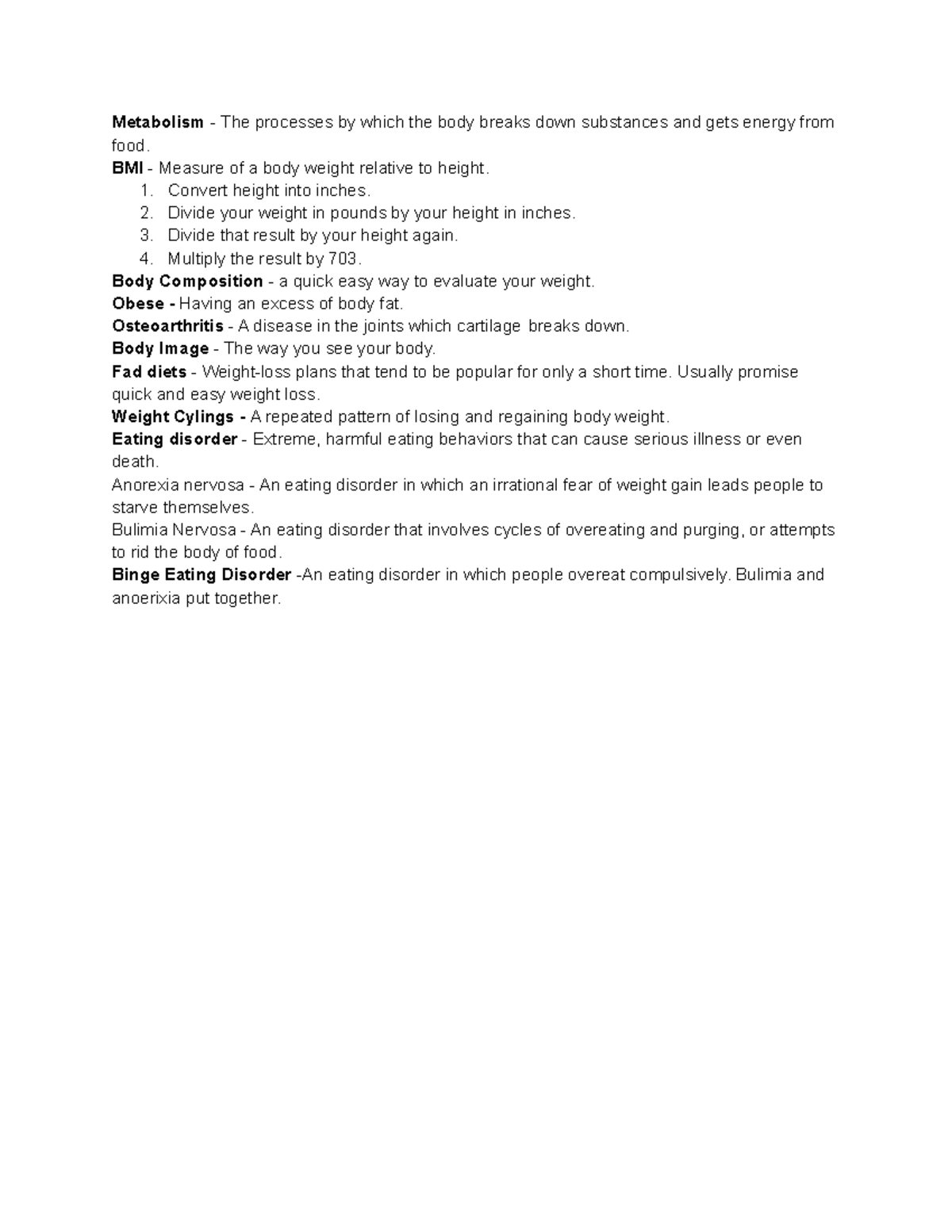 Chapter 6 Health - Metabolism - The processes by which the body breaks ...