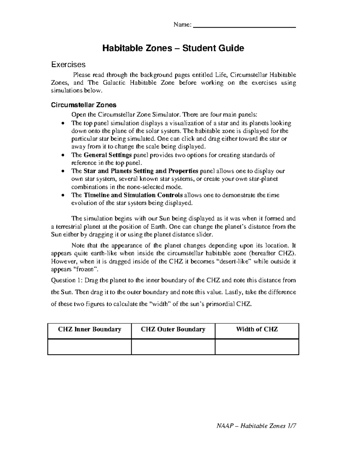 Naap habitablezones sg - Name: Habitable Zones – Student Guide Exercises Please read through the ...