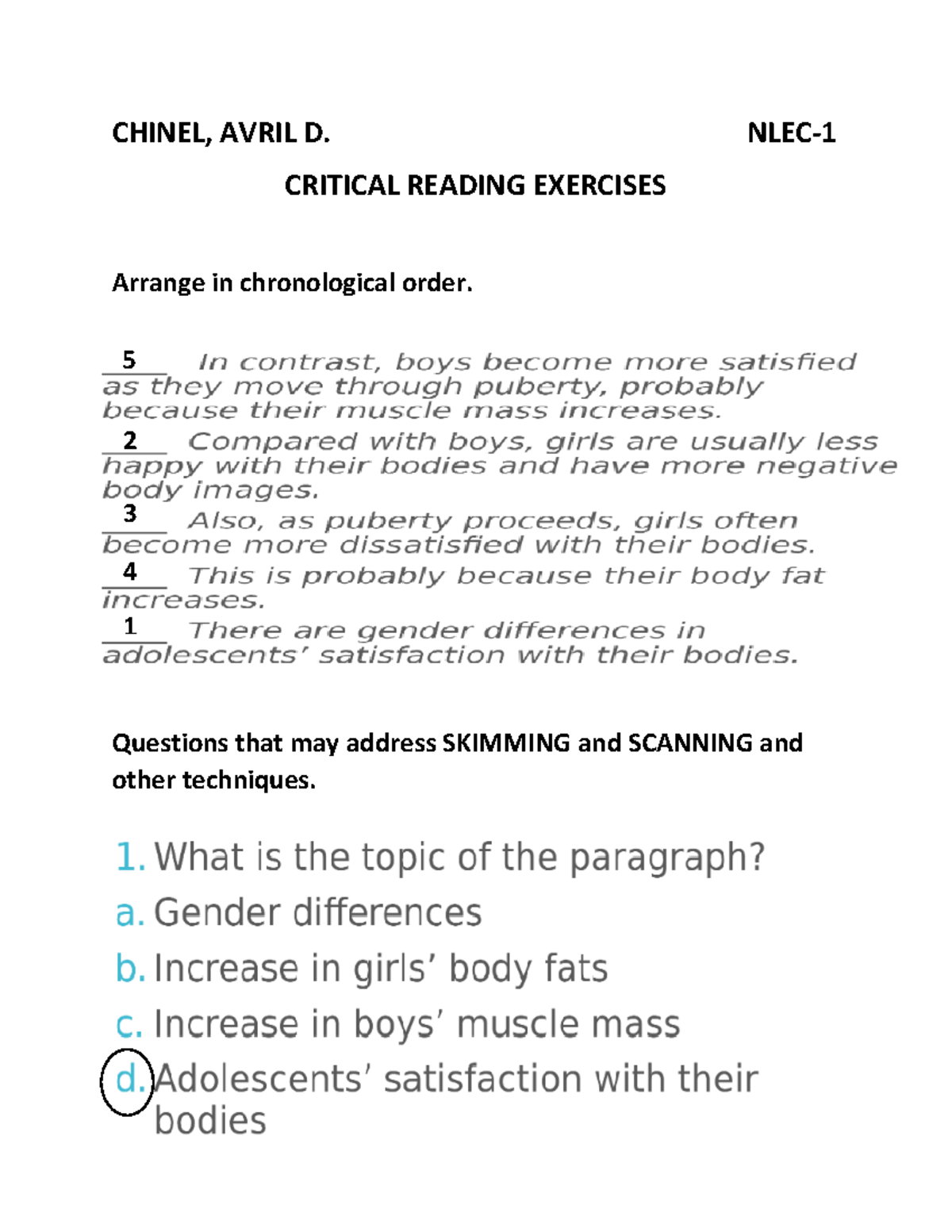 Criticalreading - CHINEL, AVRIL D. NLEC- CRITICAL READING EXERCISES ...