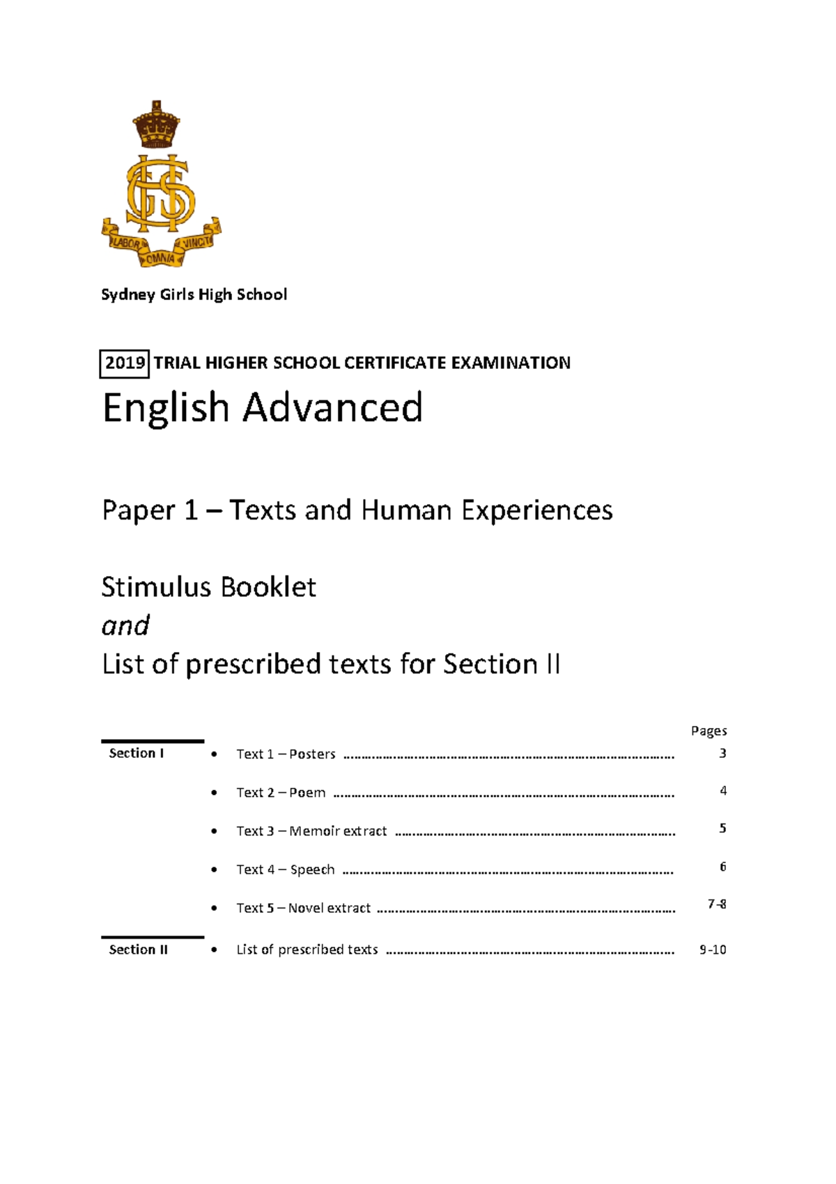 SGHS Trial Paper 1 Stimulus Booklet - Sydney Girls High School 2019 ...