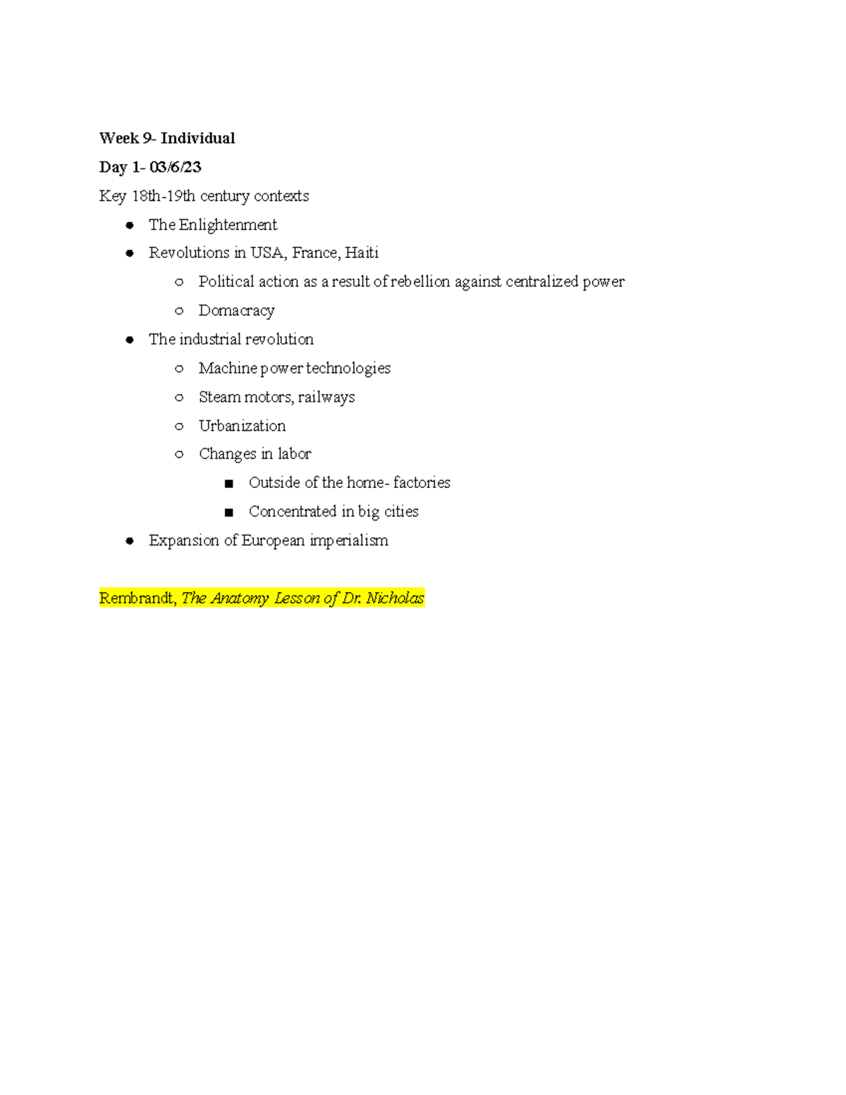 AHIS 121 week 9 - Week 9- Individual Day 1- 03/6/ Key 18th-19th century ...