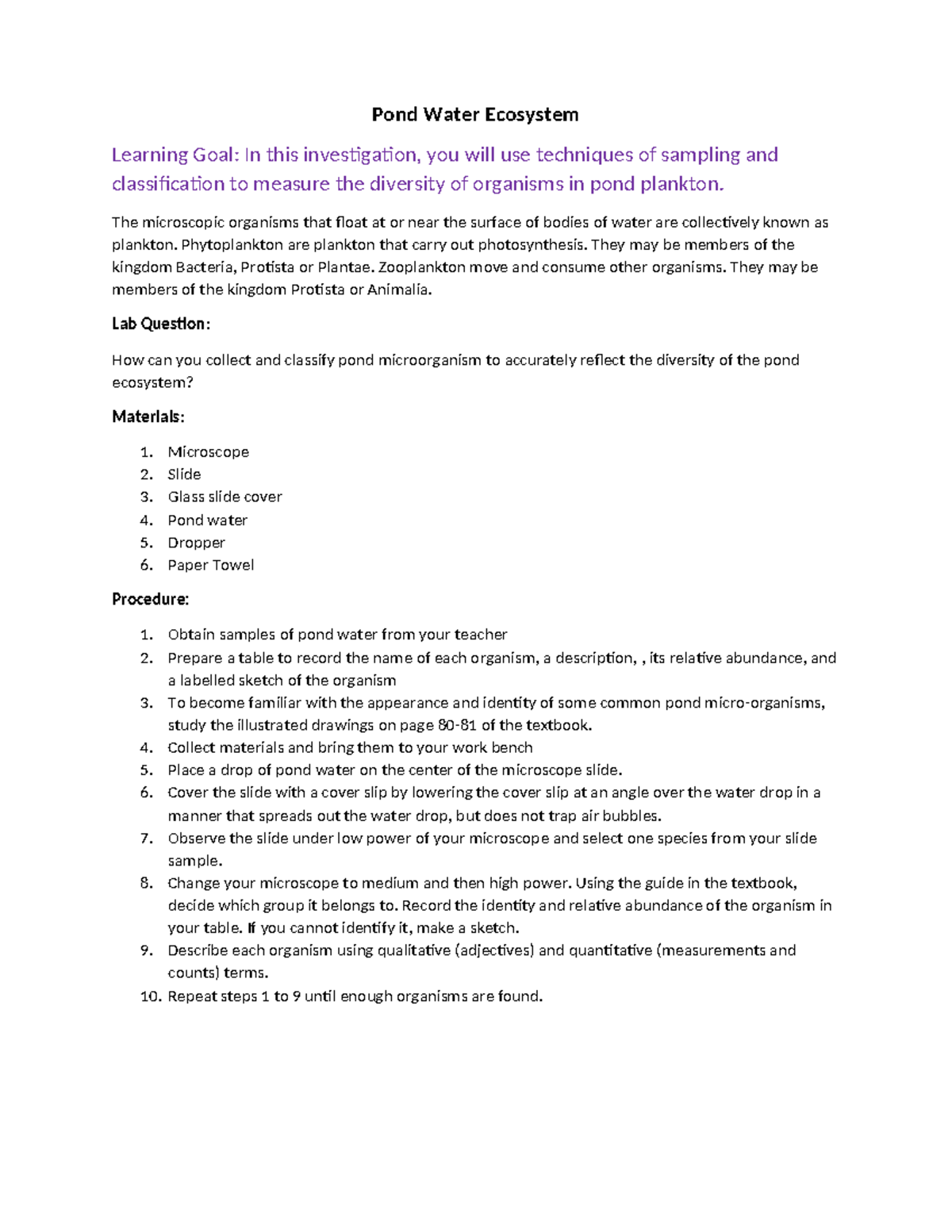Pond Water Ecosystem - dsfds - Pond Water Ecosystem Learning Goal: In ...