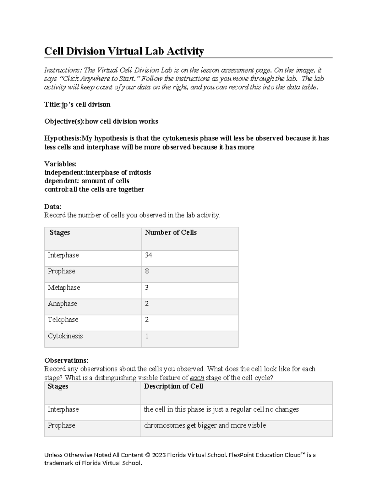03 01 virtual cell division lab report - Cell Division Virtual Lab ...