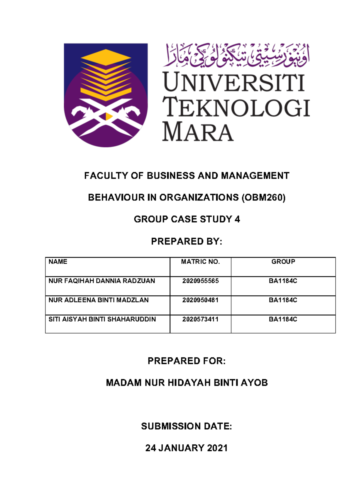 UITM CASE STUDY BA118 4C OBM260 - FACULTY OF BUSINESS AND MANAGEMENT ...