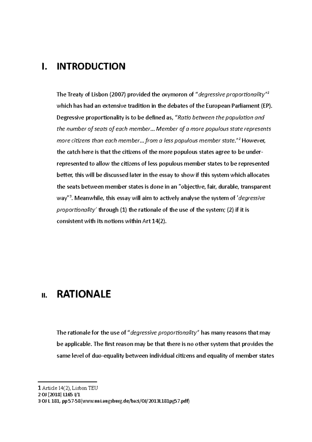 EU Essay - Degressive proportionality - I. INTRODUCTION The Treaty of ...