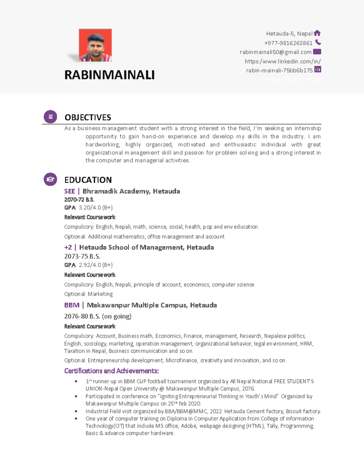 Resume for internship - OBJECTIVES As a business management student ...