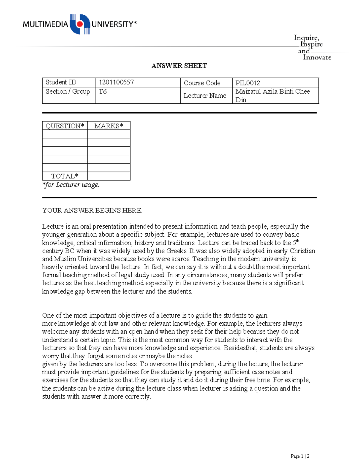 152 12011 00557 PIL0012 Tri2010 - ANSWER SHEET Student ID 1201100557 ...