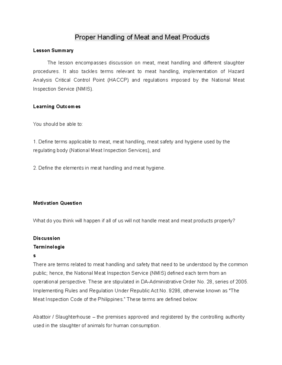 Proper Handling of Meat and Meat Products - Veterinary Virology - Studocu