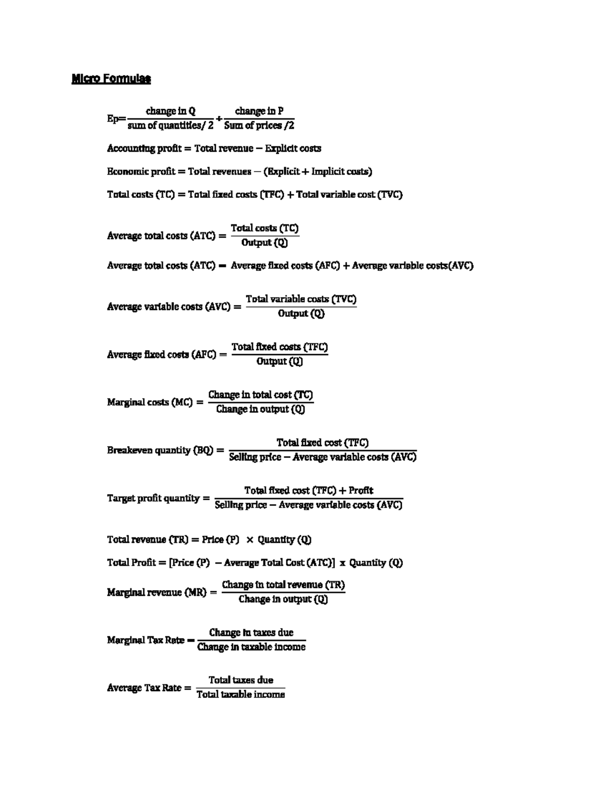 Economics formula sheet - ECON1110 - Studocu