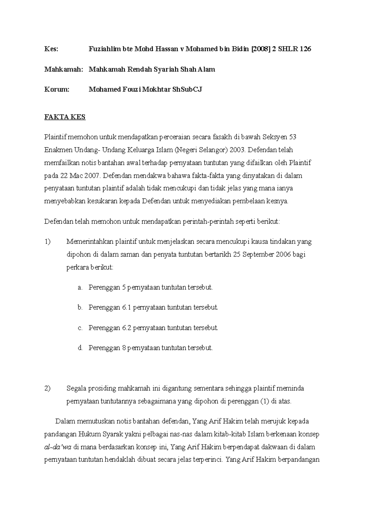 [case commentary] Fuziahlim bte Mohd Hassan v Mohamed bin Bidin - Kes: Fuziahlim bte Mohd Hassan ...