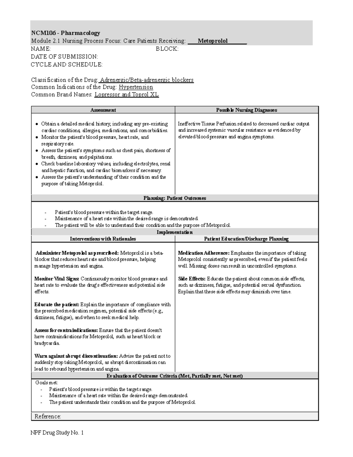 NP Focus DRUG Study LORE - NCM106 - Pharmacology Module 2 Nursing ...