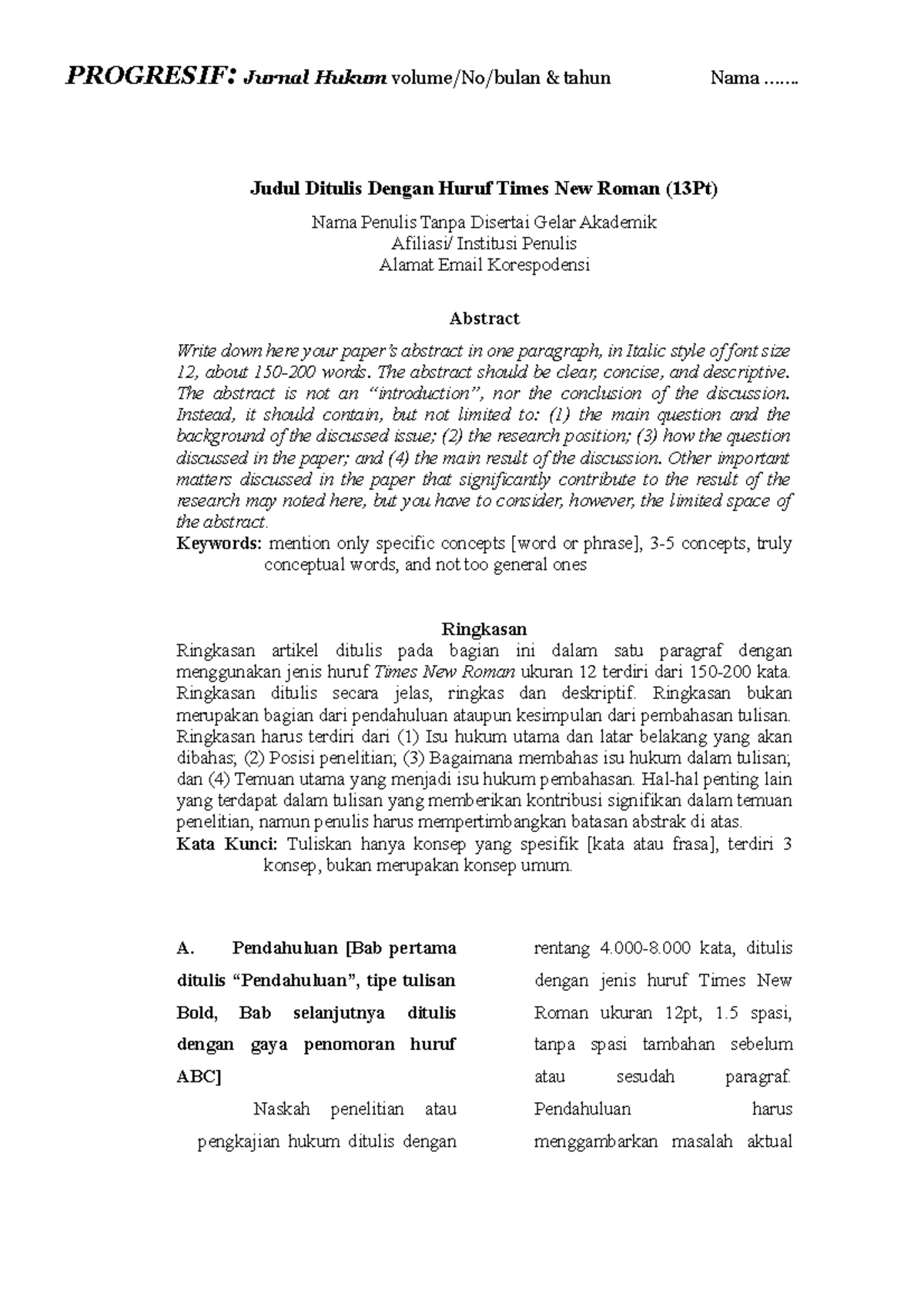 [Progres Jurnal Hukum] Template - PROGRESIF: Jurnal Hukum volume/No/bulan & tahun Nama ...