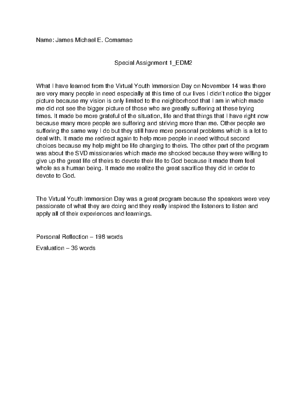 Special Assignment 1 EDM2 Comamao - Name: James Michael E. Comamao ...