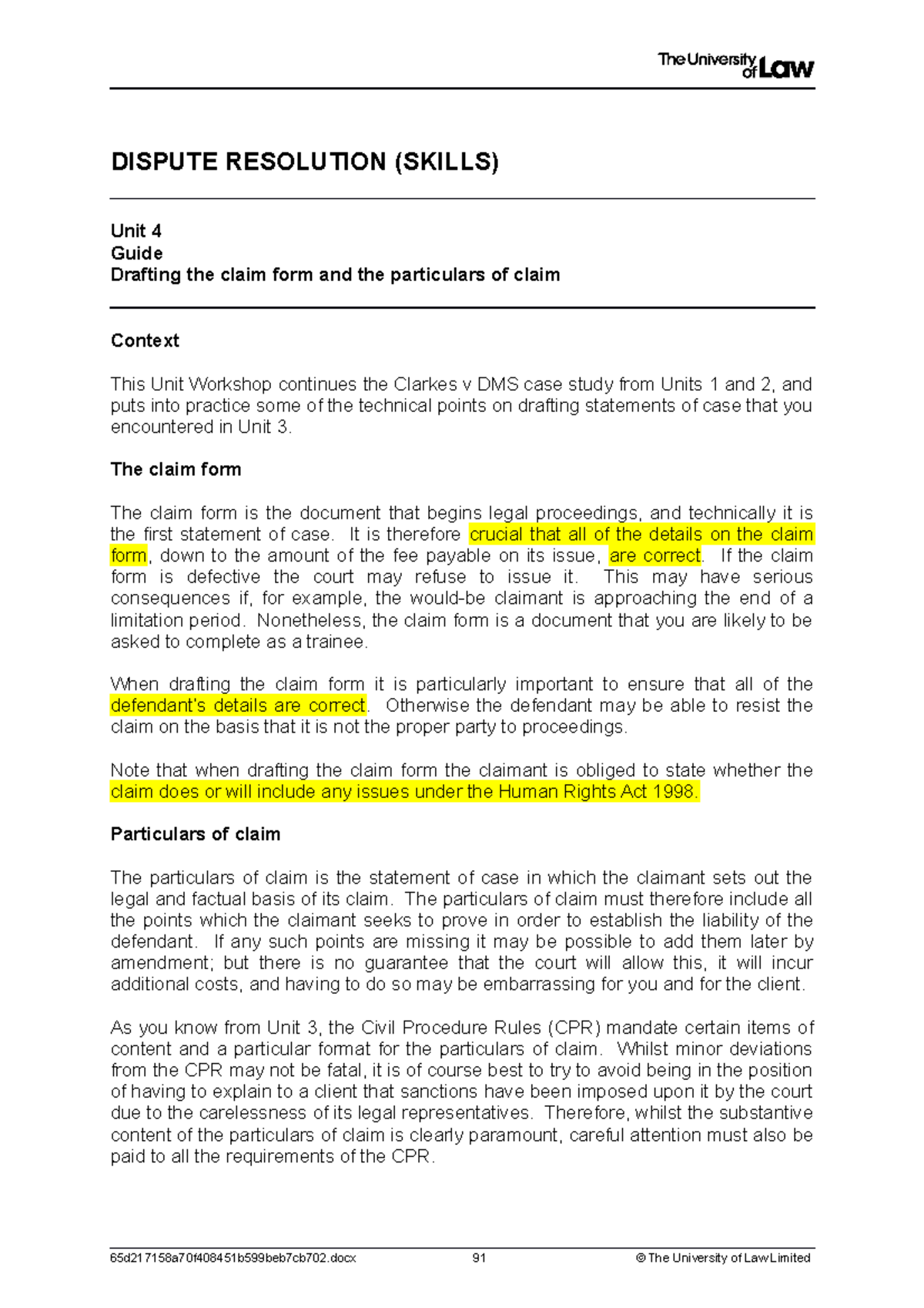 Workshop guide - n/a - DISPUTE RESOLUTION (SKILLS) Unit 4 Guide ...