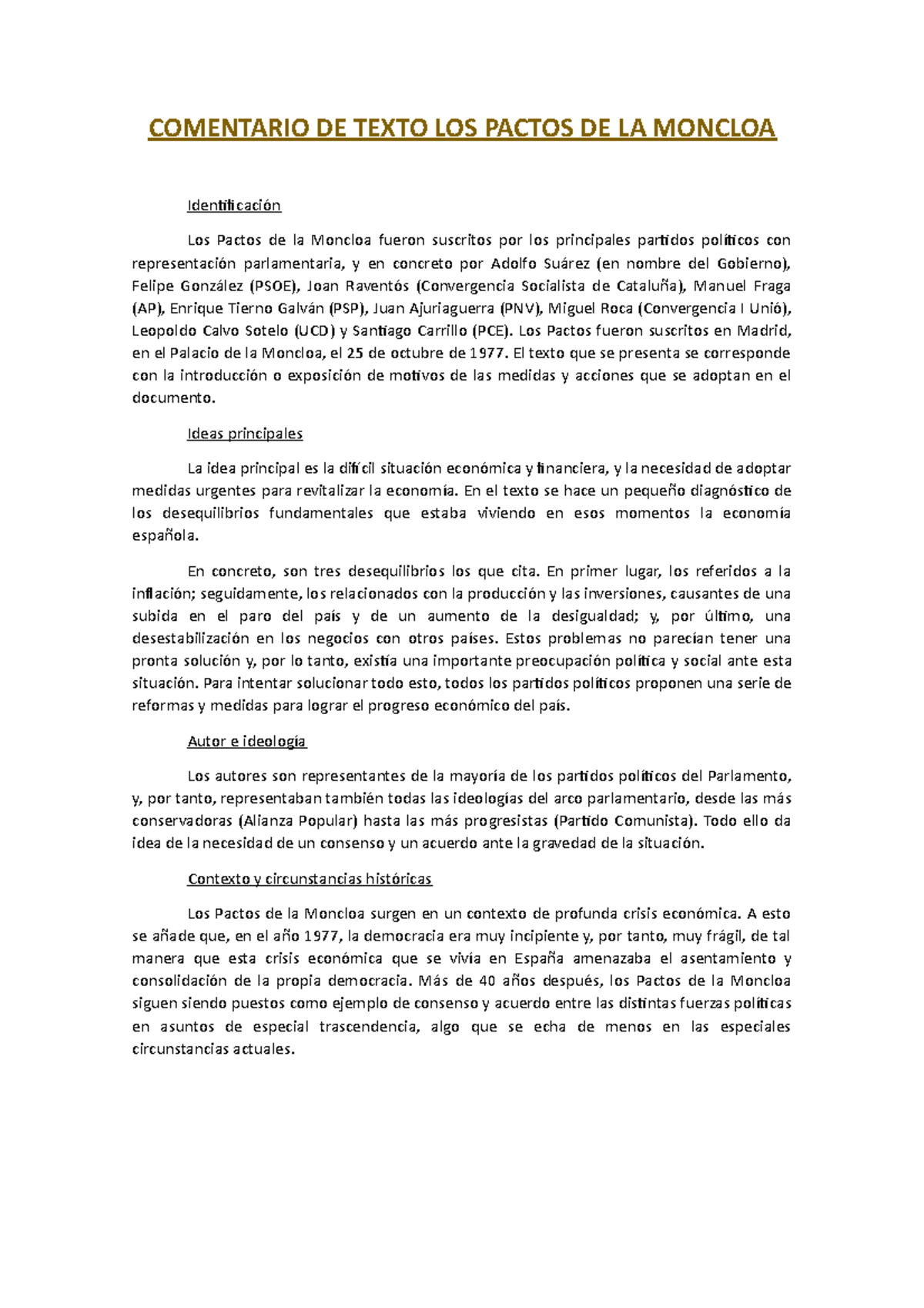 Comentario de texto Los Pactos de la Moncloa - COMENTARIO DE TEXTO LOS ...