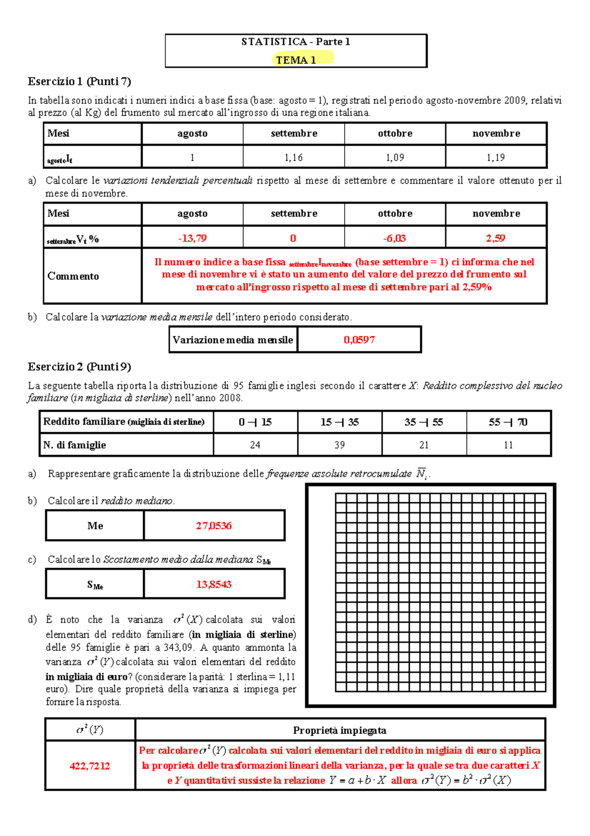 Tema1 - ####### STATISTICA - Parte 1 ####### TEMA 1 Esercizio 1 (Punti 7) ####### In tabella ...