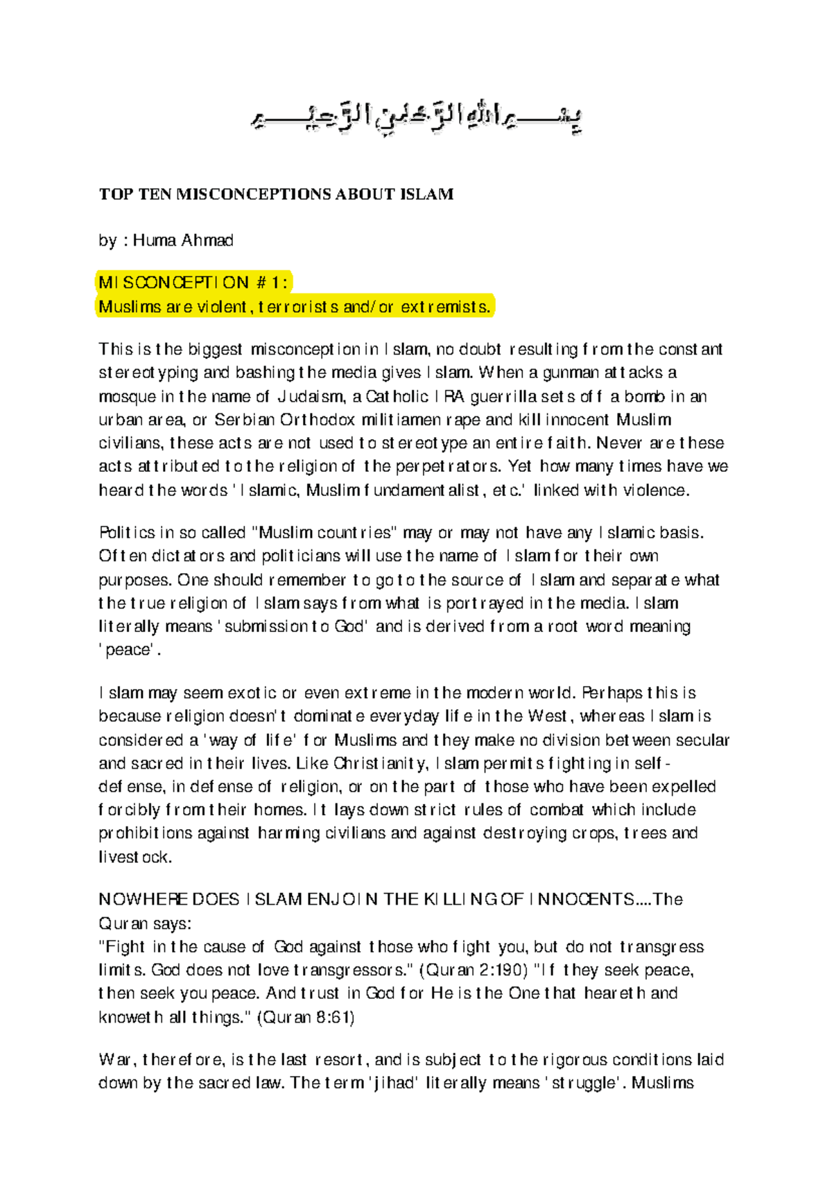 Misconceptions About Islam - TOP TEN MISCONCEPTIONS ABOUT ISLAM by : Huma Ahmad MISCONCEPTION #1 ...