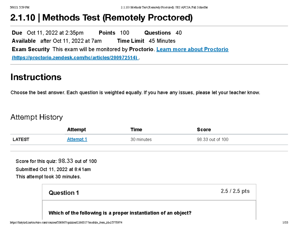 2.1.10 Methods Test (Remotely Proctored) JHS Apcsa Fall Schieffer - 2.1 ...