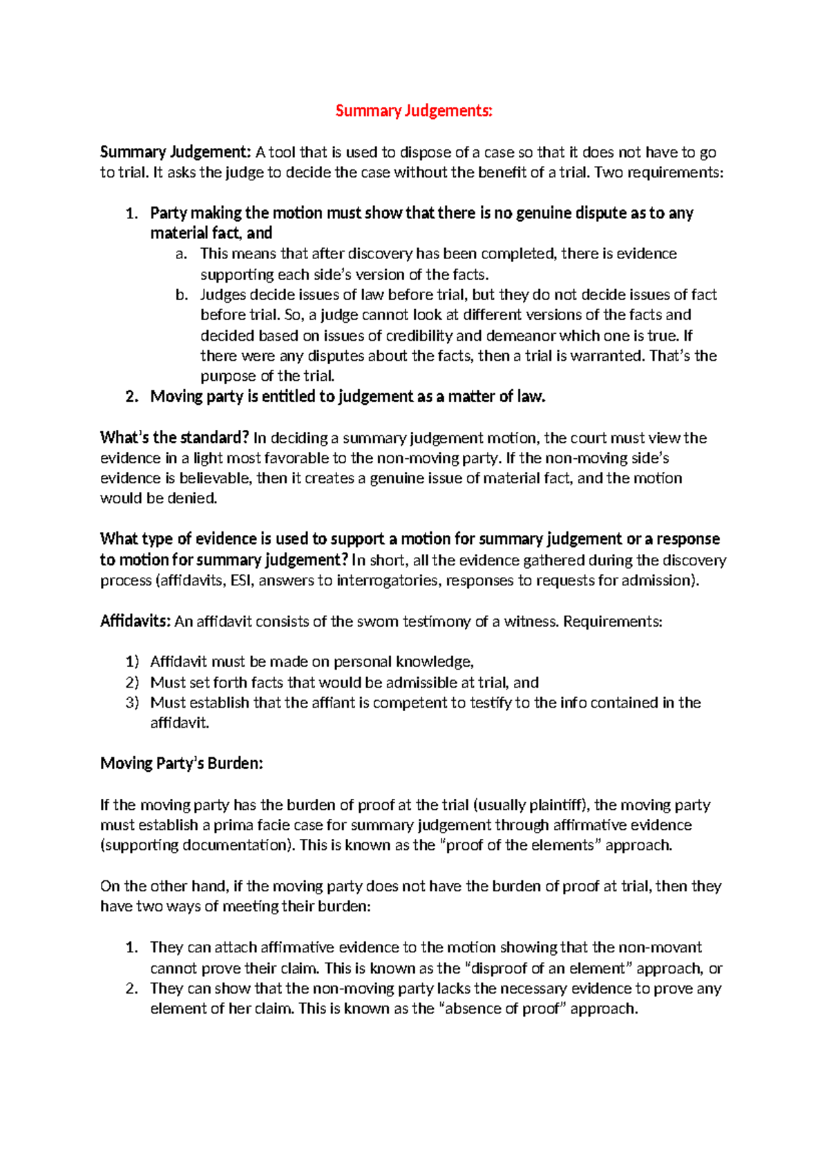 Summary Judgements Outline - Summary Judgements: Summary Judgement: A ...