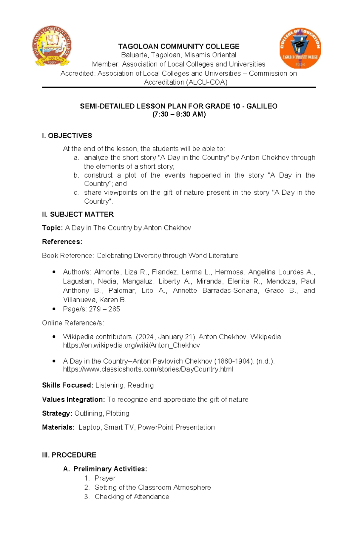 LP A DAY IN THE Country - TAGOLOAN COMMUNITY COLLEGE Baluarte, Tagoloan ...