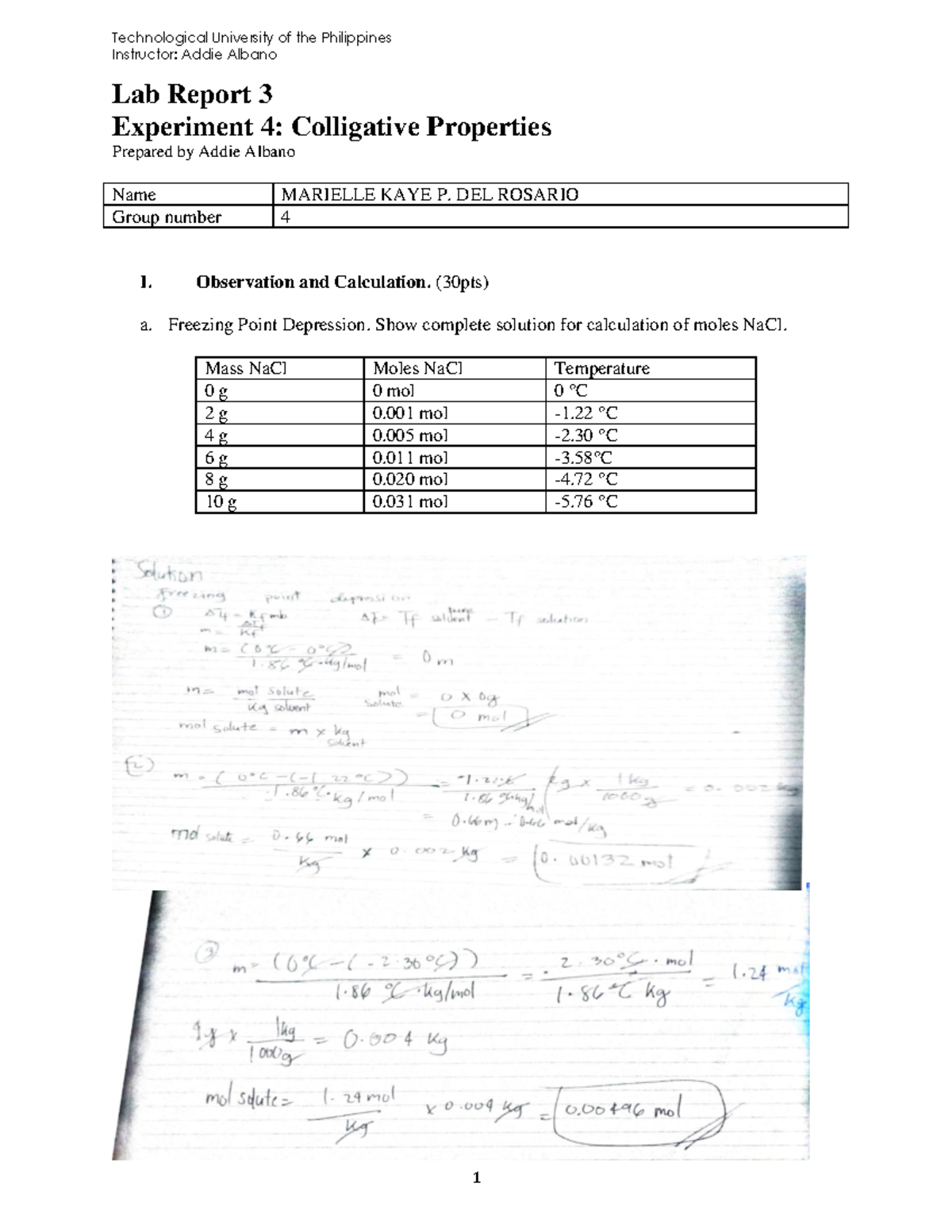 Lab-Report-3-Colligative-Properties - Instructor: Addie Albano Lab Report 3 Experiment 4: - Studocu