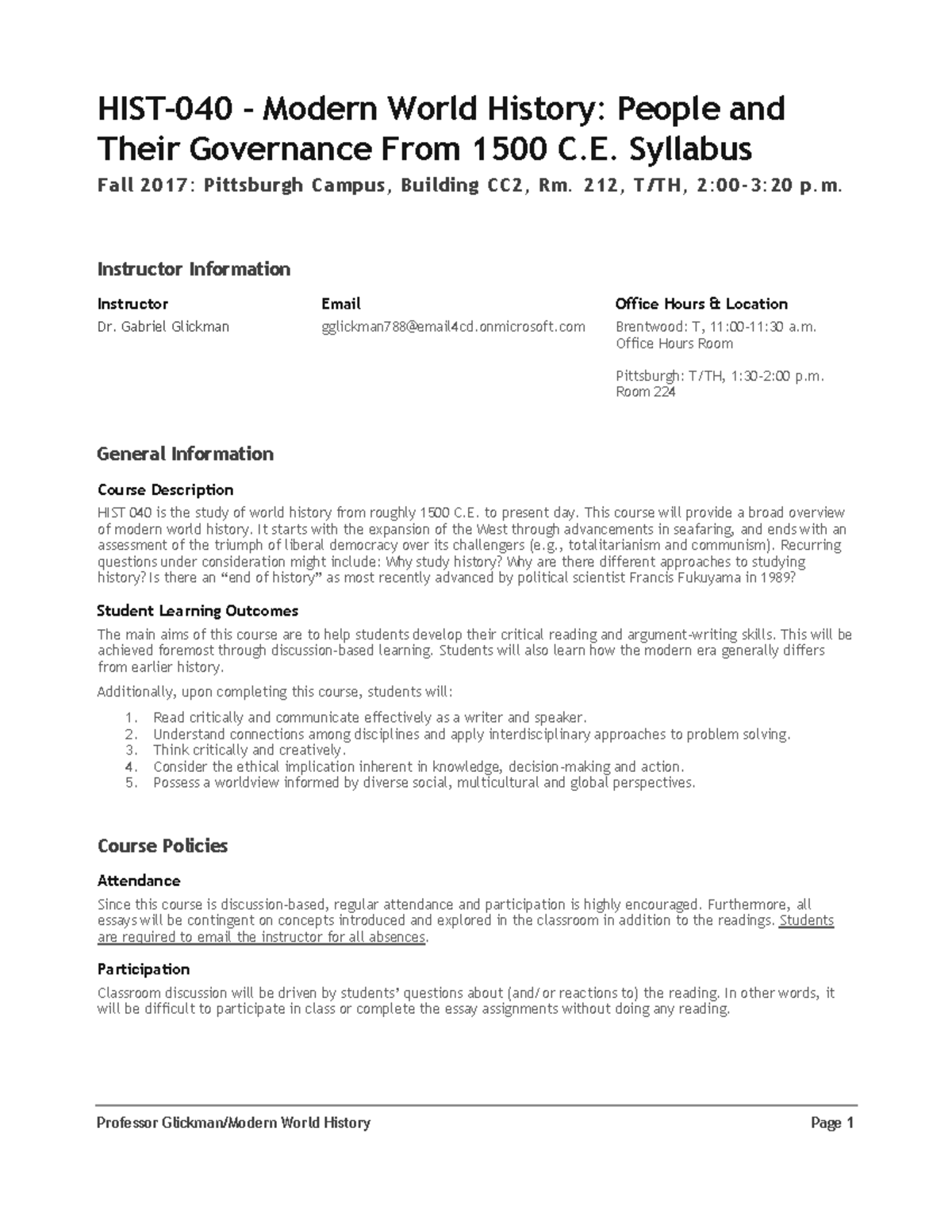 HIST 040 Syllabus World History Since 15 2 - HIST-040 - Modern World ...