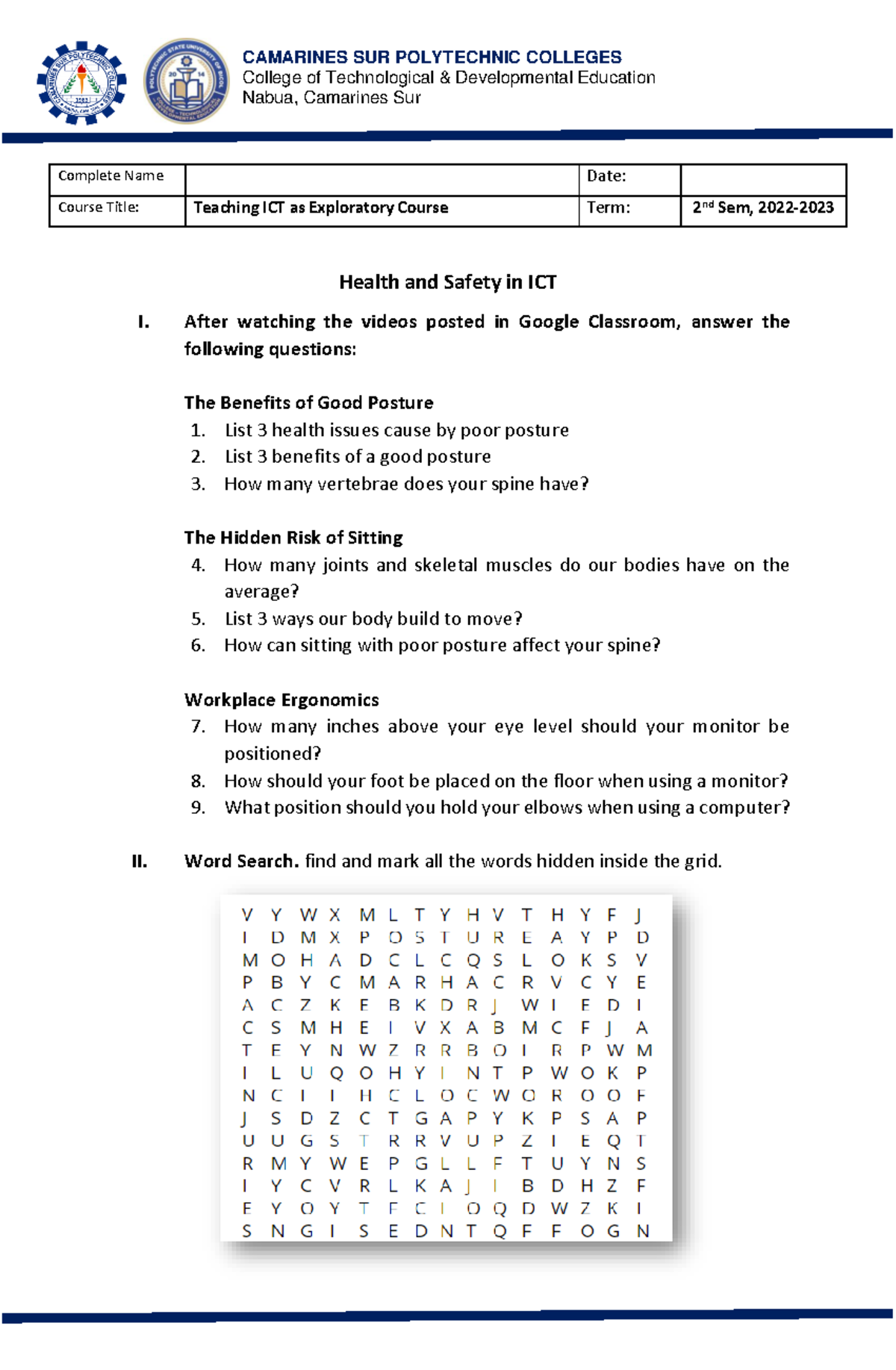 Health and Safety in ICT - Activity - CAMARINES SUR POLYTECHNIC ...