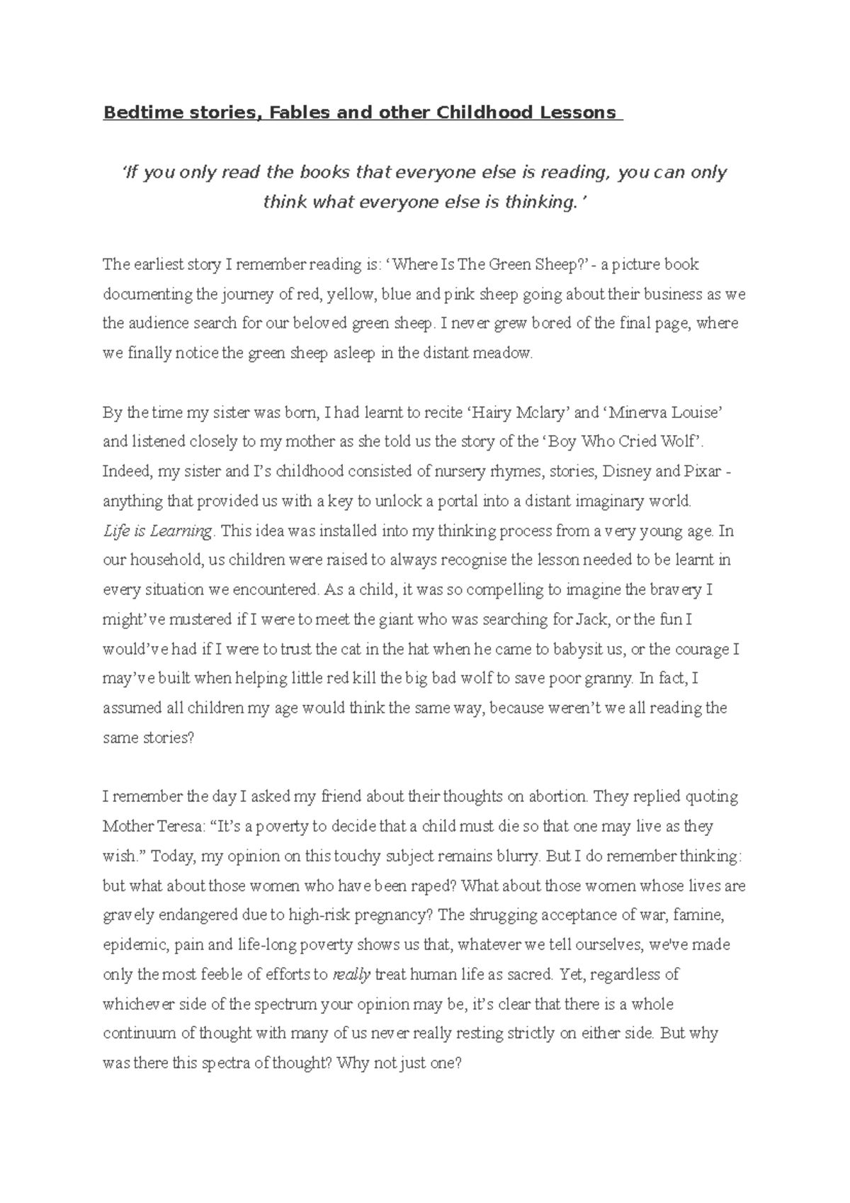 Bedtime stories, Fables and other - ’ The earliest story I remember ...