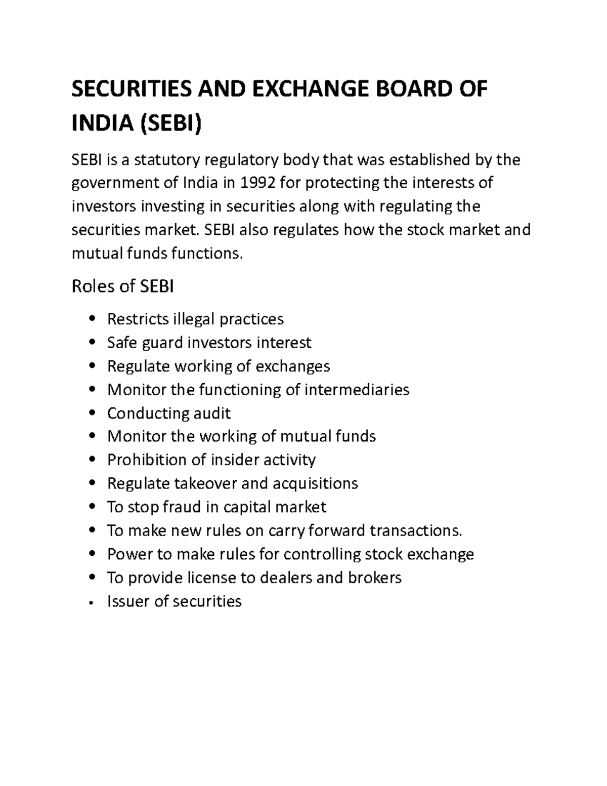 Role of SEBI - Role of sebi - SECURITIES AND EXCHANGE BOARD OF INDIA ...