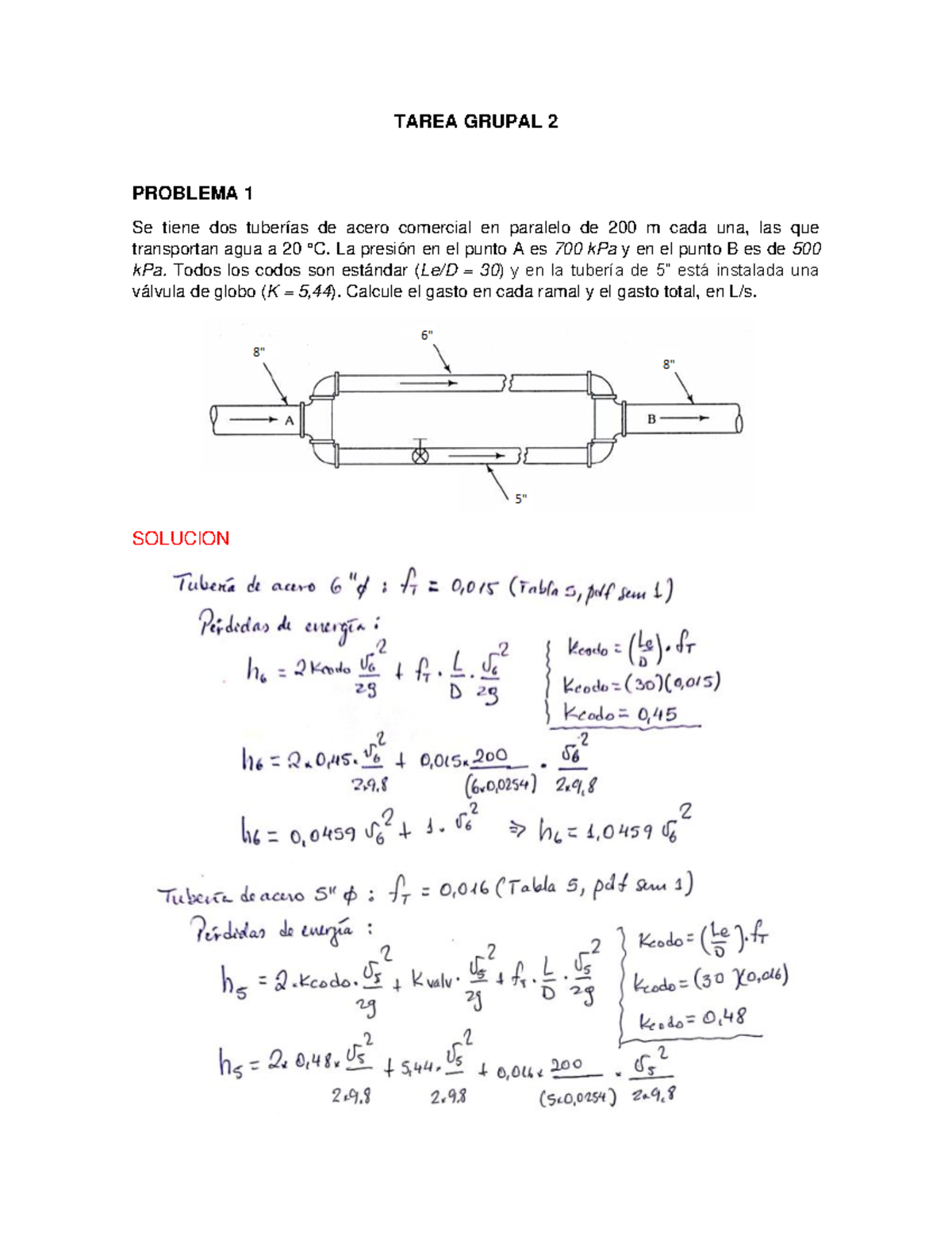 523595937 Solucion Tarea Grupal Semana 2 - TAREA GRUPAL 2 PROBLEMA 1 Se tiene dos tuberías de ...