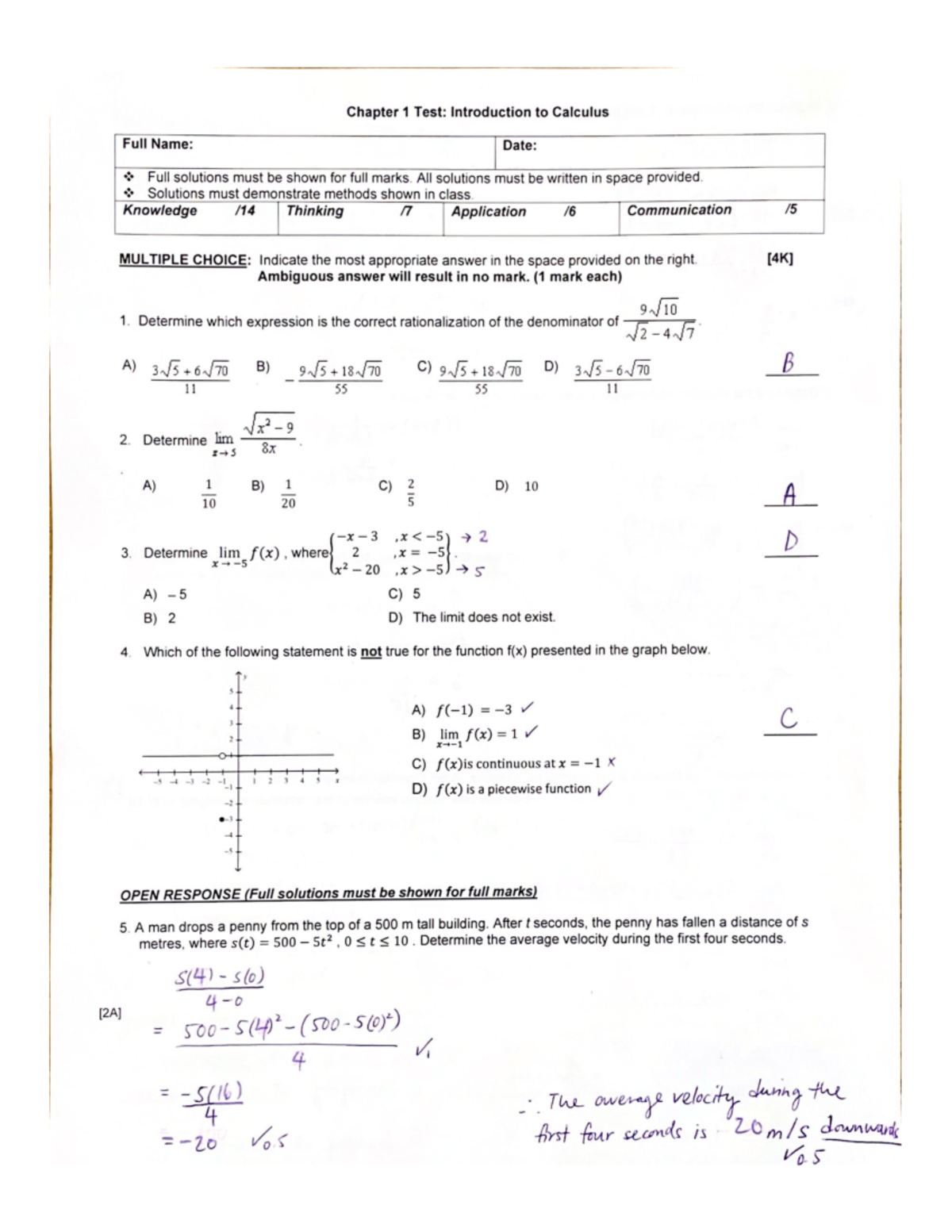 Unit 1 Intro to Calc Test Solution - Studocu