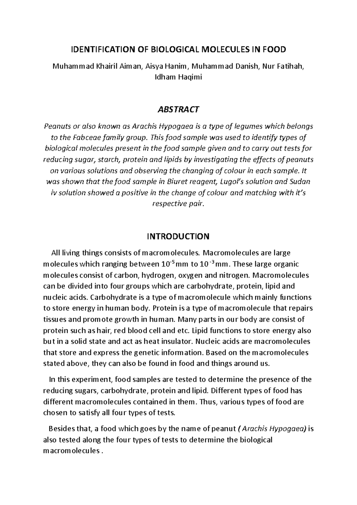 Identification OF Biolological Molecule IN FOOD - IDENTIFICATION OF ...