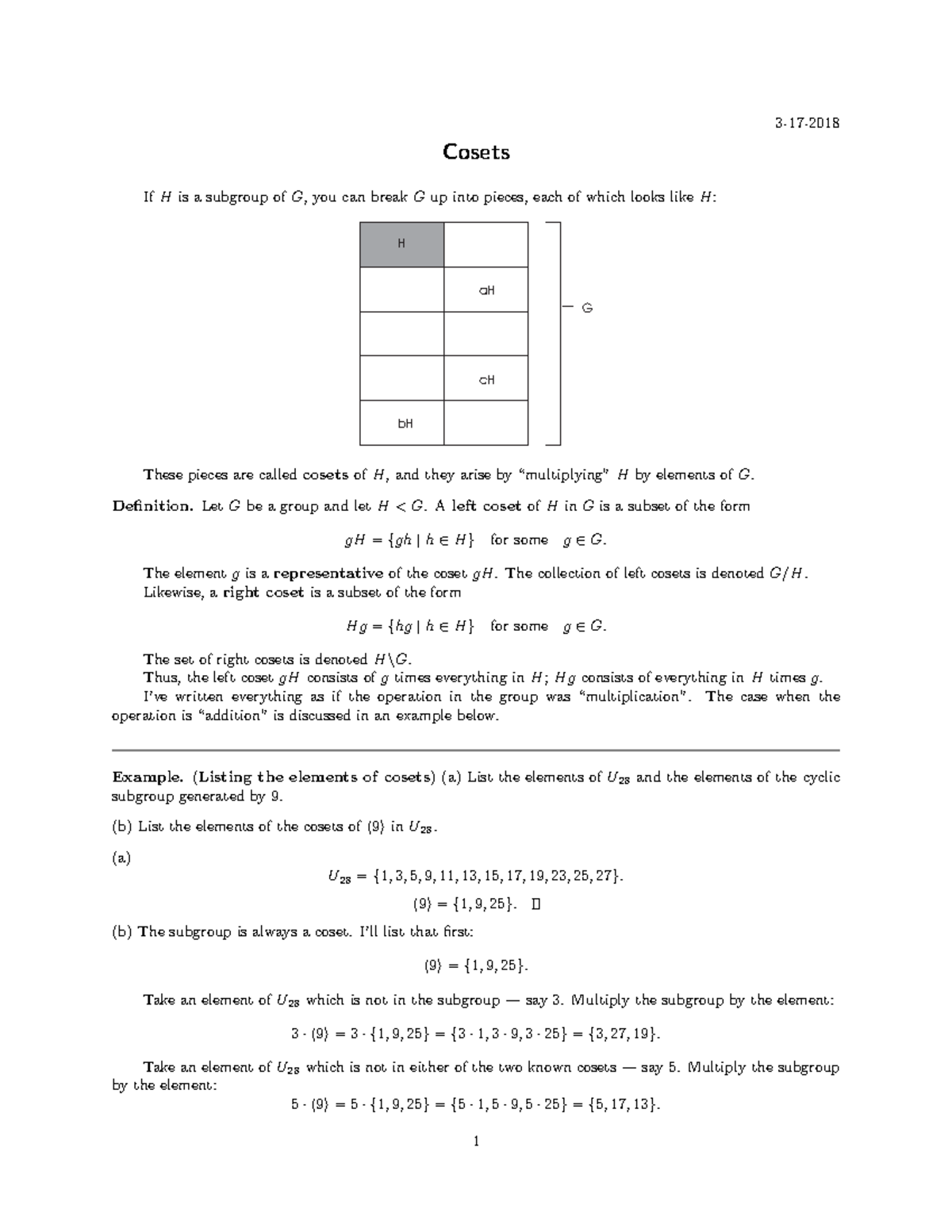 Cosets - 4234234 - 3-17- Cosets If H is a subgroup of G, you can break ...