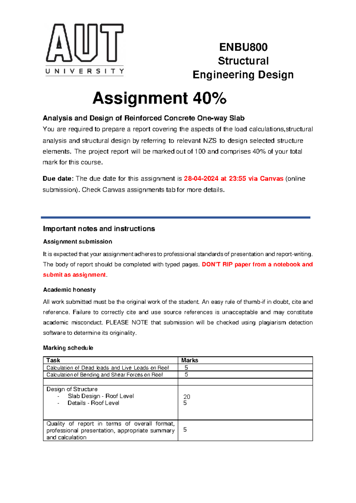 ENBU800 Structural Engineering Design - ENBU 800 Structural Engineering Design Assignment 4 0% ...