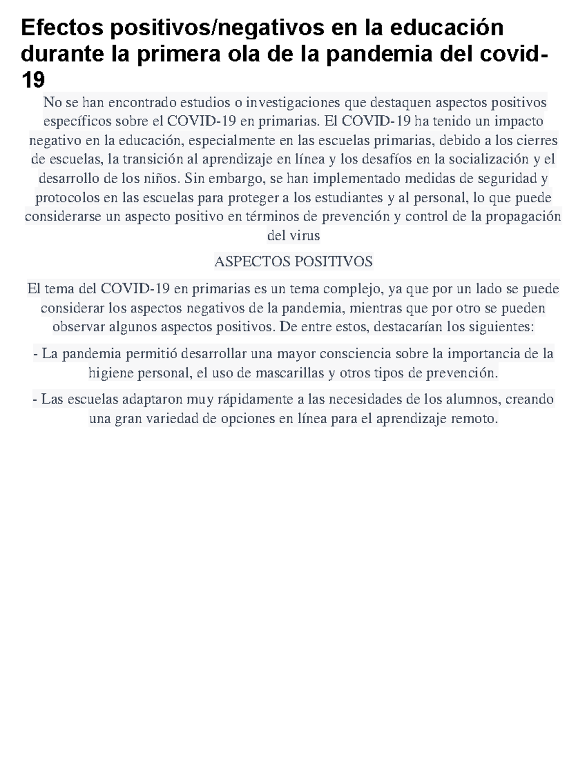 Covid - ertyu - Efectos positivos/negativos en la educación durante la ...