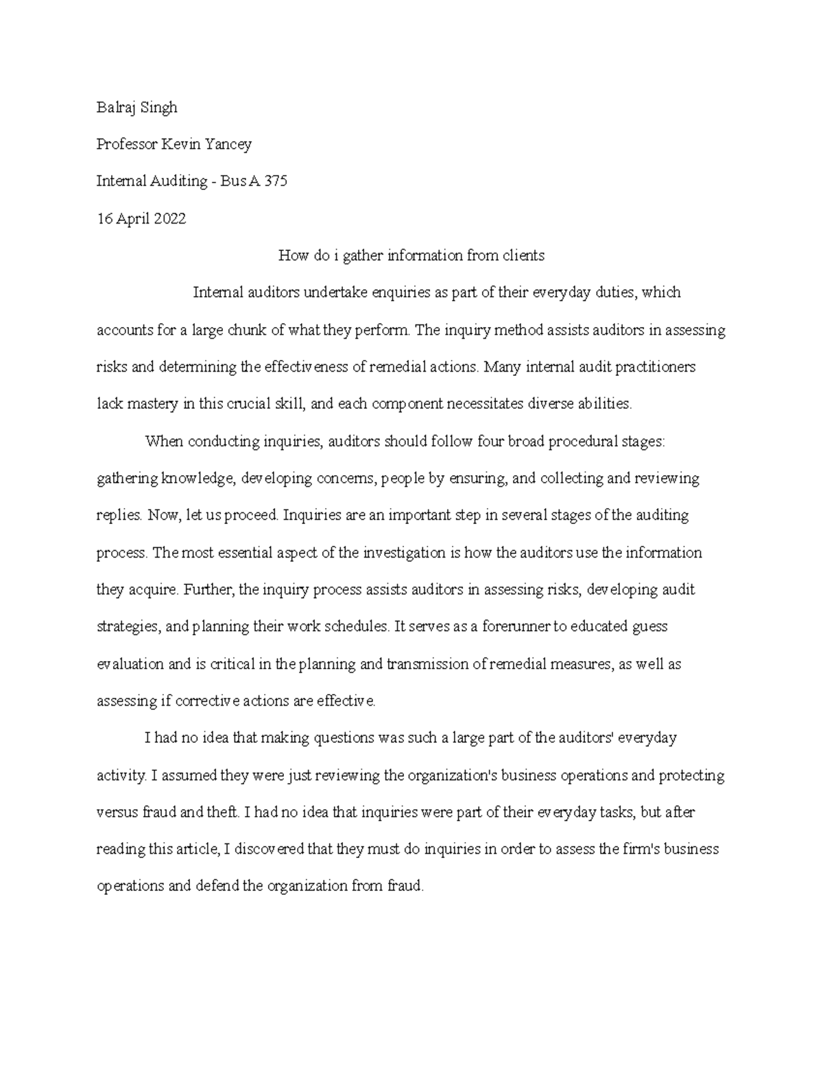 Reading 12 - Balraj Singh Professor Kevin Yancey Internal Auditing ...